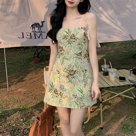 더블제이 해외여행동남아바캉스시원한여름휴양지코디 어깨 태슬 리본 끈 조절 그린 수풀 미니 원피스