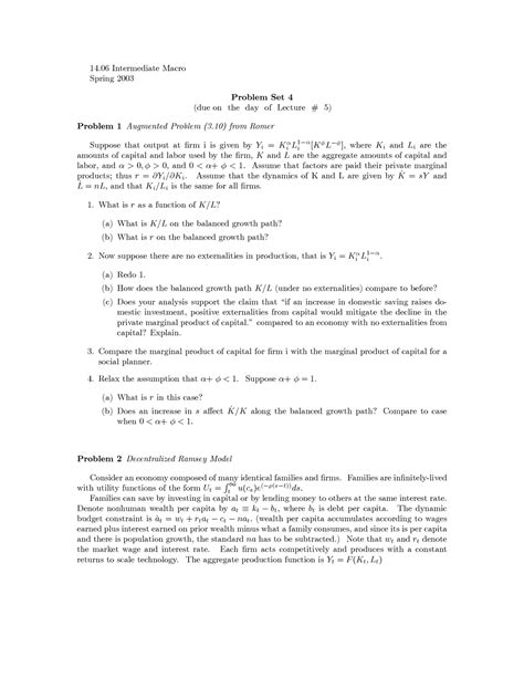 Intermediate Macroeconomic Theory ̇ 14 Intermediate Macro Spring 2003 Problem Set 4 Due On
