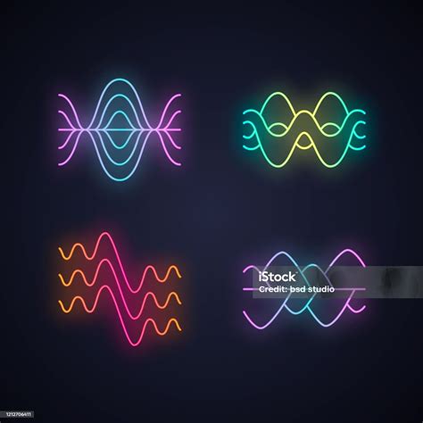 Sound Waves Neon Light Icons Set Glowing Signs Vibration Noise Amplitude Levels Soundwaves