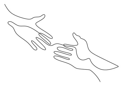 간신히 서로 만지고 두 손의 연속 선 그리기 흰색 배경에 고립 된 두 손의 간단한 스케치 서로 연결하는 사람들 기호 벡터