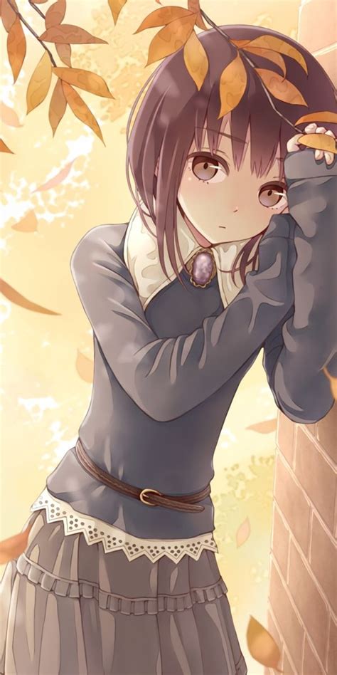 Обои на телефон Аниме Девочка Юбка Стена Короткие Волосы Лист