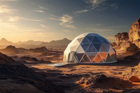 Futuristic Dome Structure In A Rocky Desert Landscape At Sunset Stock Image Image Of Nature