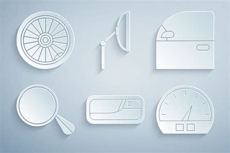 설정 자동차 도어 핸들 거울 속도계 윈드 스크린 와이퍼와 바퀴 아이콘 벡터 3차원 형태에 대한 스톡 벡터 아트 및 기타 이미지 3차원 형태 거울 계기판 차량 부분