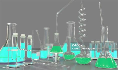 회색 배경에 녹색 액체가있는 실험실 테스트 튜브 및 기타 바이오 유리 제품 대학 개념 개체의 3d 그림 0명에 대한 스톡 사진 및 기타 이미지 Istock