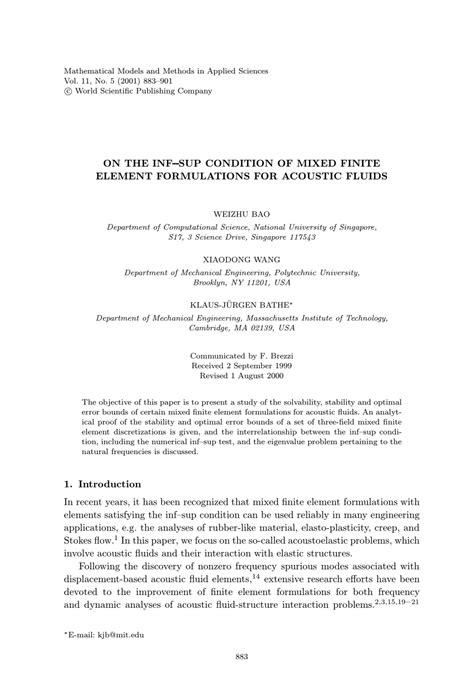 Pdf On The Inf Sup Condition Of Mixed Finite Element Formulations For Acoustic Fluids