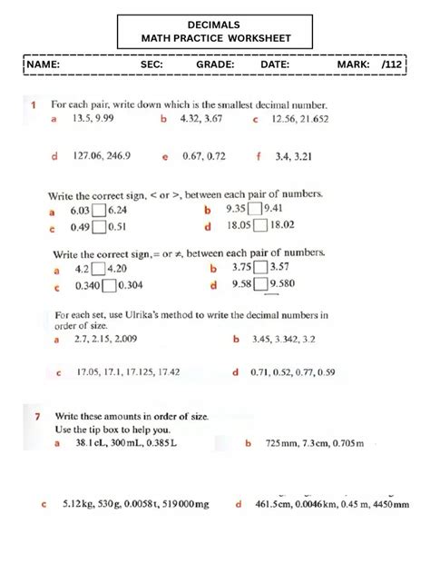 Decimal Math Practice Worksheet Test 3 Pdf