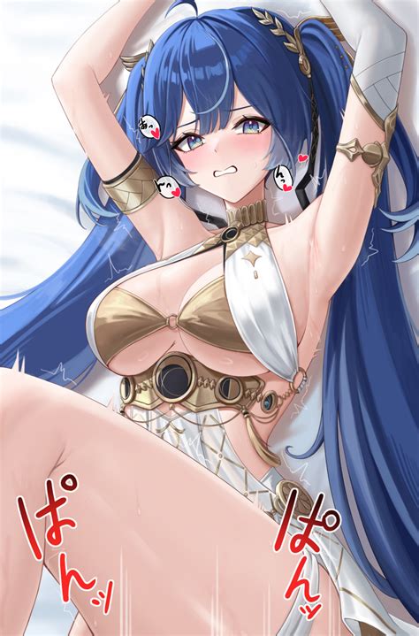 Rule 34 Absurdres Ahoge Ancient Greek Clothes Armlet Armpits Arms Up Bed Blue Eyes Blue Hair