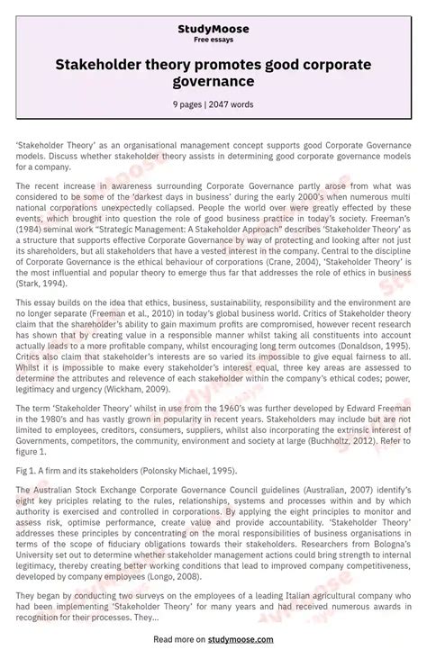 Stakeholder Theory Promotes Good Corporate Governance Free Essay Example