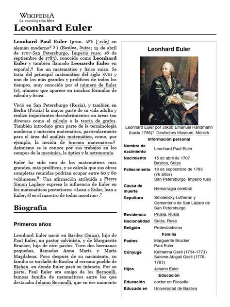 Leonhard Euler Wikipedia La Enciclopedia Libre Pdf Leonhard Euler Enseñanza De Matemática