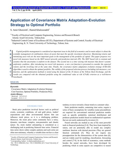 Pdf Application Of Covariance Matrix Adaptation Evolution Strategy To
