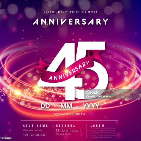 보라색 추상 미래 공간 배경에 45 주년 기념 로고 템플릿 하이테크 네트워크 디지털 기술 개념 설계 요소로 숫자를 축하하는 45 번째 현대 기술 디자인 광고에 대한 스톡