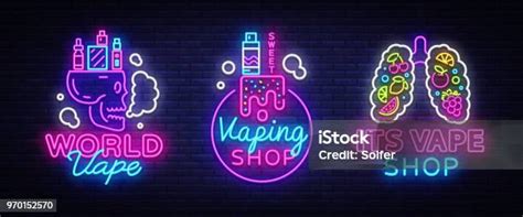 로고 컬렉션 네온 스타일에서 전자 담배입니다 Vape가 게 네온 사인 세트 Vape 상점 개념 상징 밝은 밤 간판 네온 광고 전자 담배 벡터 일러스트 레이 션 간판에 대한