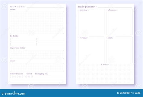 Daily Planner Time Day Blank Cute Purple Flat Set Stock Vector