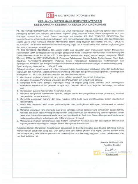 Rti Kebijakan Sistem Manajemen Terintegrasi Keselamatan Kesehatan Dan Lingkungan Pdf