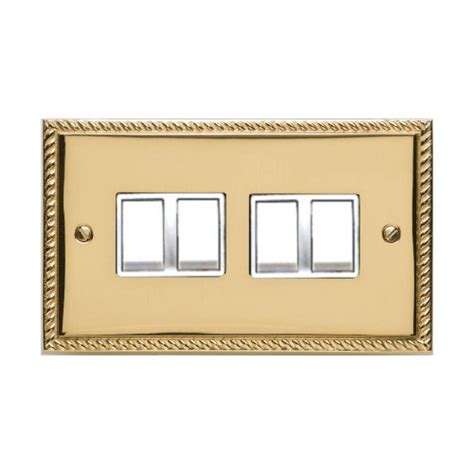 4 Gang 2 Way 6a Rocker Switch Georgian Polished Brass Rope Edge