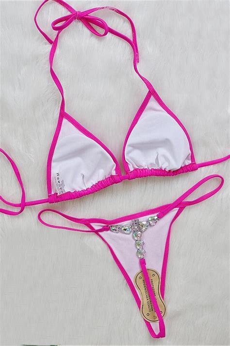 Hot Pink Rhinestone Accent Halter Sexy Thong Two Piece Sexy Swimsuit B