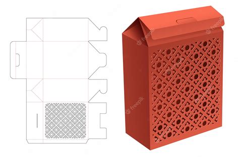 스텐실 패턴 창 다이 컷 템플릿 및 3d 모형이 있는 판지 플립 상자 프리미엄 벡터