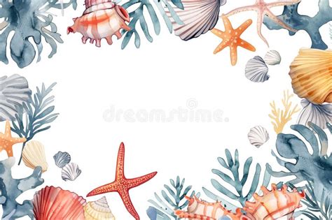 Colorful Seashell Frame With Copy Space And Various Sea Elements In