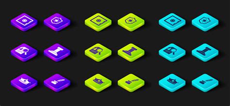 코카데 깃털 및 잉크웰 종이 분석 확대 스탬프 배지 및 안전 아이콘으로 경찰 모자를 설정합니다 벡터 3차원 형태에 대한 스톡 벡터 아트 및 기타 이미지 Istock