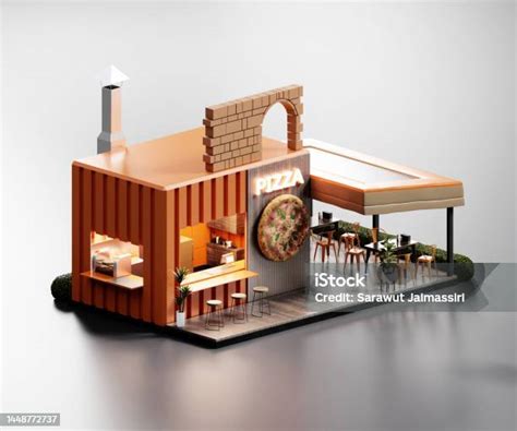 아이소메트릭 보기 최소 피자 레스토랑 컨테이너 매장 외부 아키텍처 3d 렌더링 디지털 아트 3차원 형태에 대한 스톡 사진 및 기타 이미지 Istock
