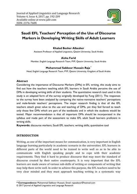 Pdf Saudi Efl Teachers Perception Of The Use Of Discourse Markers In Developing Writing
