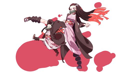 Download Fictional Character Cute Nezuko Kamado Fighting Pose Illustration Wallpaper