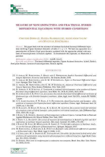 Pdf Measure Of Noncompactness And Fractional Hybrid Differential Equations With Hybrid Conditions