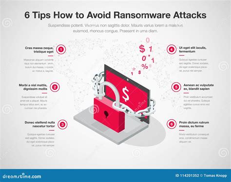 Simple Vector Infographic For 6 Tips How To Avoid Ransomware Attacks With Laptop Red Padlock