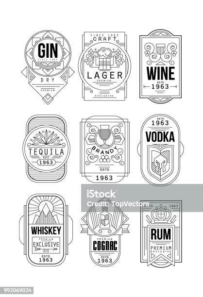 알코올 레이블 세트 진 라 거 와인 데 낄 라 브랜디 보드카 위스키 코냑 흰색 배경에 럼 복고풍 알코올 산업 흑백 상징 벡터 일러스트 레이 션 라벨에 대한 스톡 벡터 아트