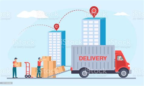 배달 트럭이 사람과 함께 소포를 들고 지점에서 운반하고 있습니다 개념 온라인지도 추적 서비스 벡터 일러스트 Eps10 3차원