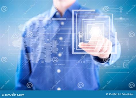 Business Man Pressing On Button Of Digital Virtual Screen Stock Photo Image Of Concept Global