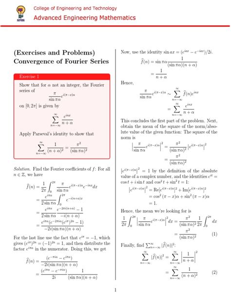 Exercises And Problems Convergence Of Fourier Series Pdf Fourier Series Complex Analysis