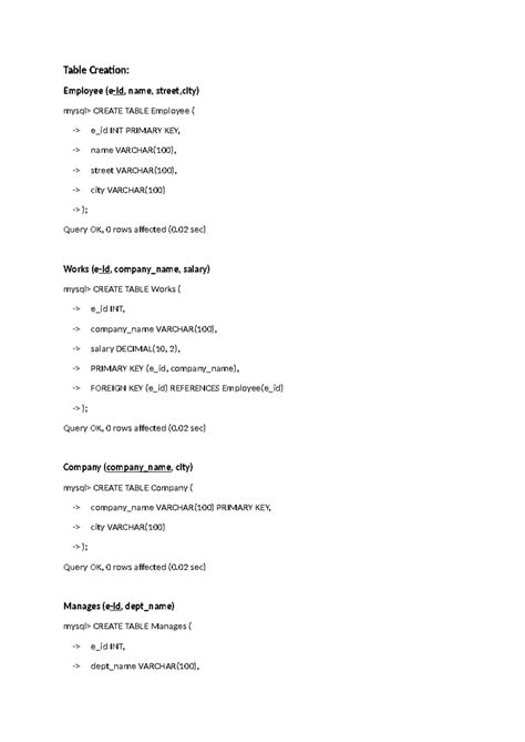 3rd Assign Dbms Code Table Creation Employee E Id Name Street