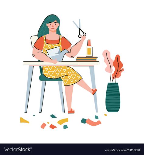 Woman Cutting Paper With Scissors For Origami Art Vector Image