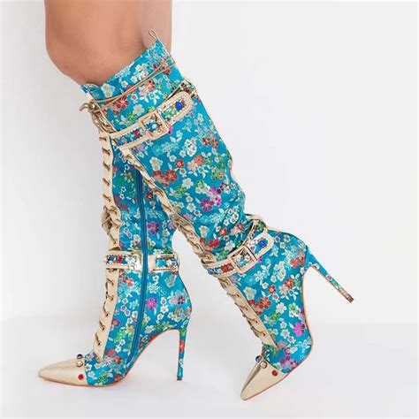 Elegant Floral Print Boots Pointy Stiletto Heel Lace Up Knee High Boot