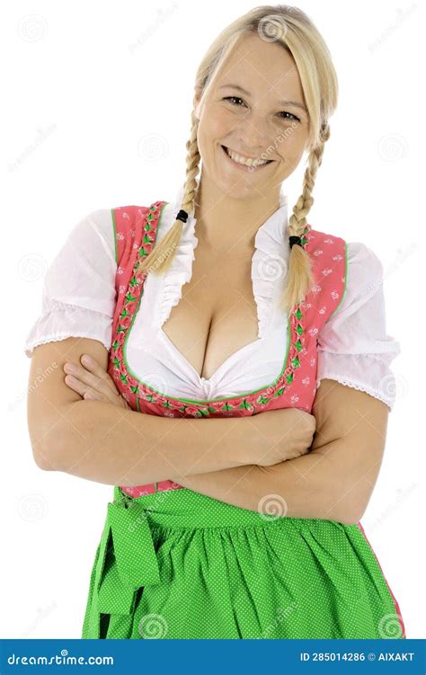 Happy Smiling Blonde Woman With Braids Wearing Bavarian Dirndl For