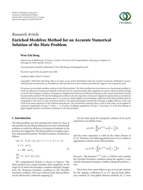 Pdf Enriched Meshfree Method For An Accurate Numerical Solution Of The Motz Problem
