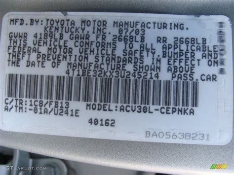 2003 Camry Color Code 1c8 For Lunar Mist Metallic Photo 76894264