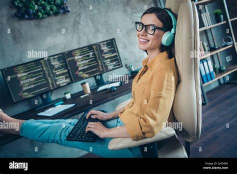 Profile Side View Portrait Of Attractive Cheery Skilled Girl Geek Nerd