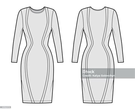 드레스 패널 기술 패션 일러스트와 모래 시계 실루엣 긴 소매 장착 무릎 길이 연필 스커트 0명에 대한 스톡 벡터 아트 및 기타