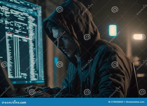 Dangerous Hooded Hacker Breaks In Dark Atmosphere Cartoon Vector 140432443