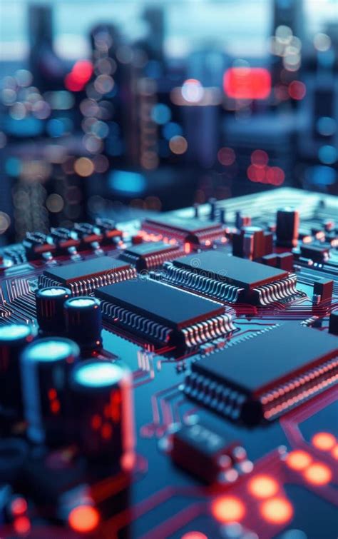 Abstract Circuit Board With Cityscape Background Generative Ai Stock Illustration