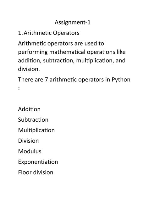 Assignment 1 Assignment Arithmetic Operators Arithmetic Operators