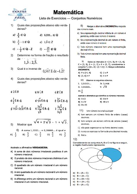Lista De Exercícios Conjuntos Numéricos Exercícios Matemática Docsity