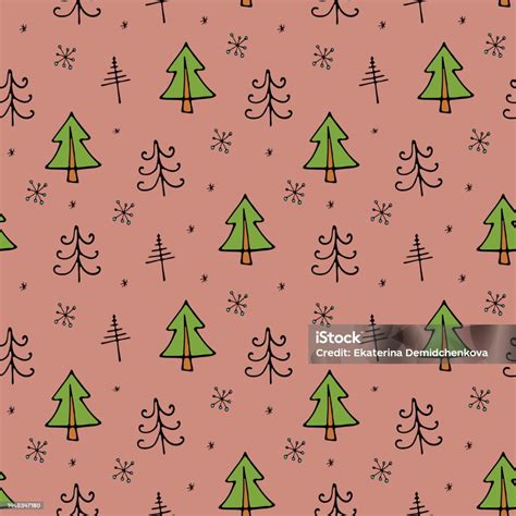 전나무와 눈송이의 겨울 매끄러운 패턴입니다 낙서 스타일의 컬러 벡터 패턴입니다 종이 포장 섬유 인쇄 표지 디자인 라벨 및 기타 선물에 적합합니다 가문비나무에 대한 스톡 벡터
