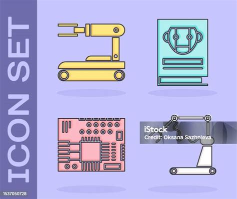 산업용 기계 로봇 로봇 팔 손 공장 로봇 인쇄 회로 기판 Pcb 및 사용 설명서 아이콘을 설정합니다 벡터 가공의 인물에 대한 스톡 벡터 아트 및 기타 이미지 Istock