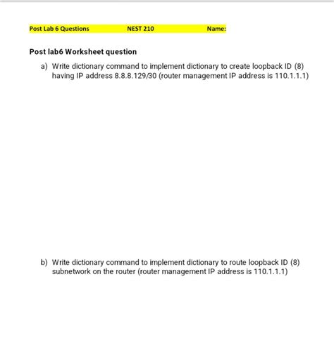 Solved Post Lab6 Worksheet Question A Write Dictionary