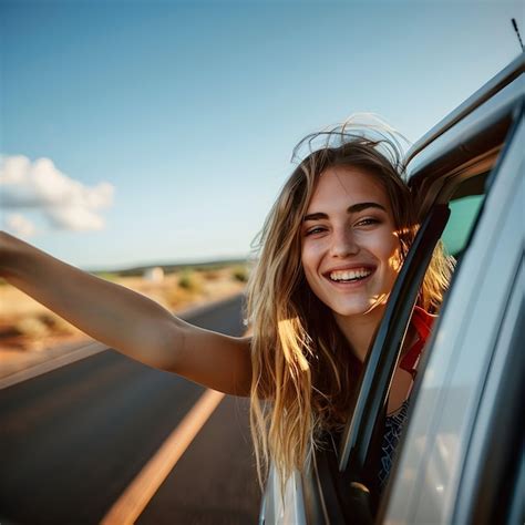 Pretty Young Woman Enjoying Road Trip Premium Ai Generated Image