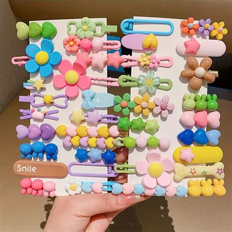 14개의 귀여운 만화 머리핀 소녀들을 위한 하트 별 꽃 리본 장식 머리핀 헤어 액세서리 2024 헤어 액세서리 꽃 리본