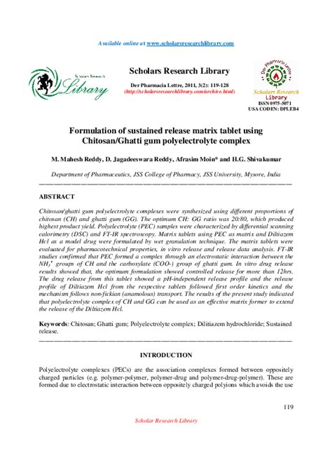 Pdf Formulation Of Sustained Release Matrix Tablet Using Chitosan Ghatti Gum Polyelectrolyte